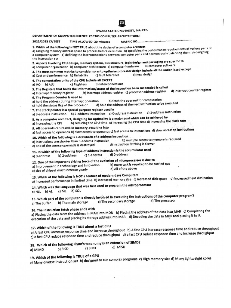 CSC 303 Test 2022 - 2023 Session | PDF