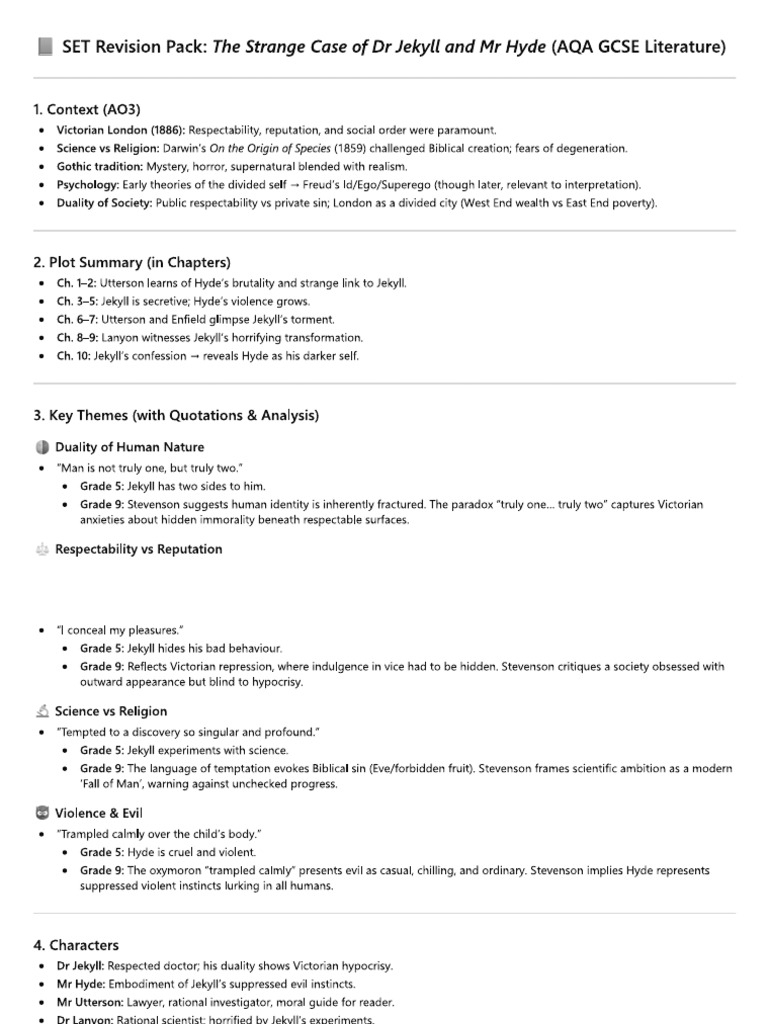 SET Revision Pack - The Strange Case of DR Jekyll and MR Hyde (AQA GCSE ...