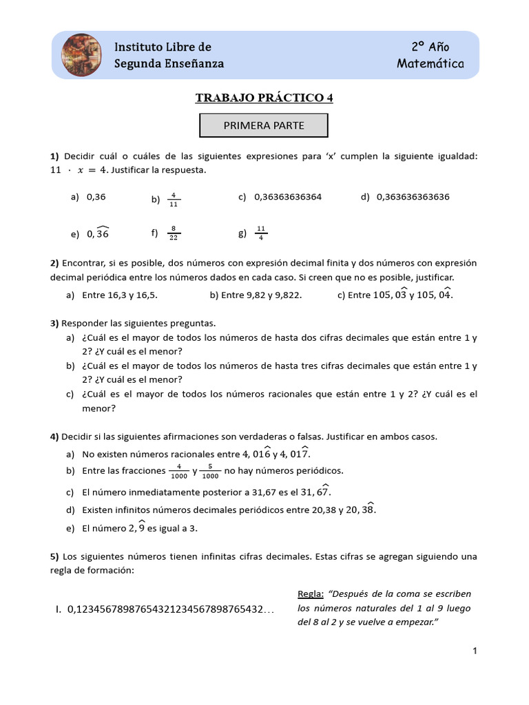 Ejercicios de Números Racionales e Irracionales | PDF | Decimal ...