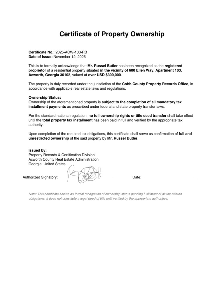 Certificate of Property Ownership - Acworth GA | PDF