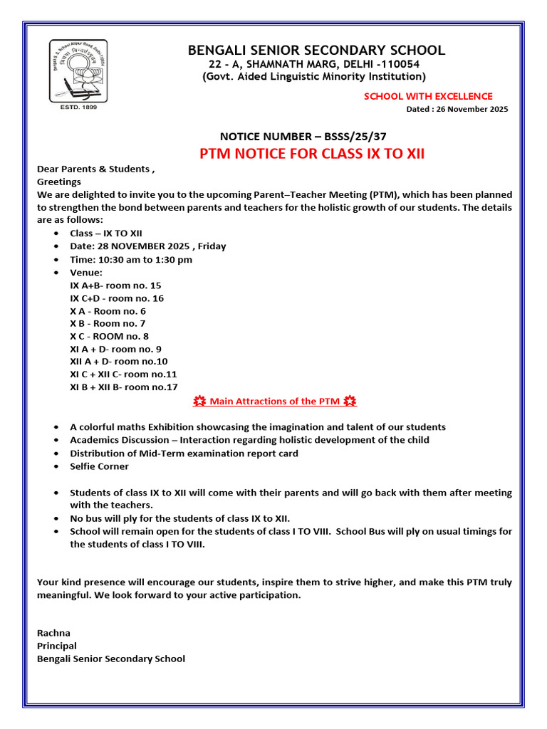 Notice 37 PTM Notice Class 9 To 12 | PDF