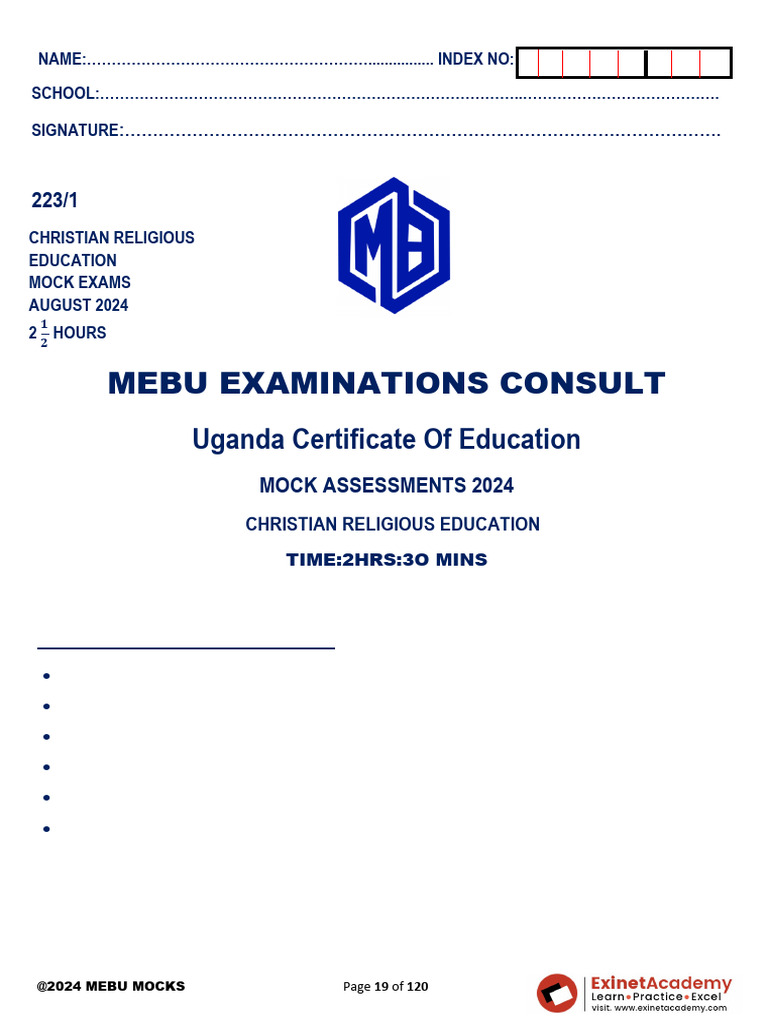 CRE MEBU 2024 MOCK PAST PAPERS Downloaded From Exinet Academy | PDF | Religious Belief And Doctrine