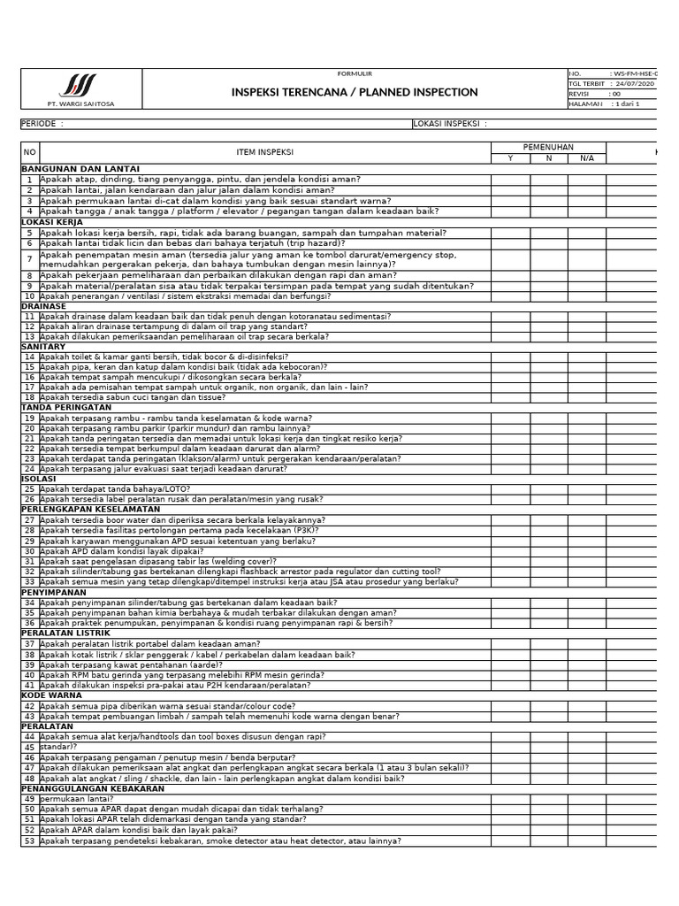 Ws-Fm-Hse-016 Formulir Inspeksi Terencana Atau Planned Inspection | PDF
