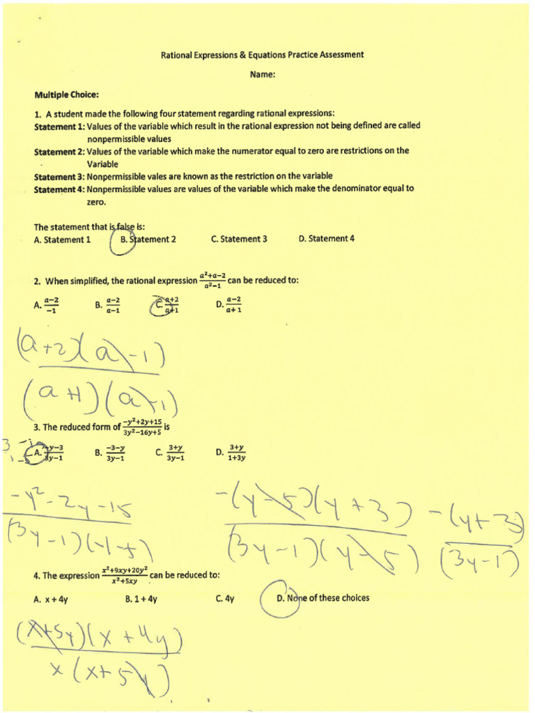 2024 Key Rational Expression Practice Exam | PDF