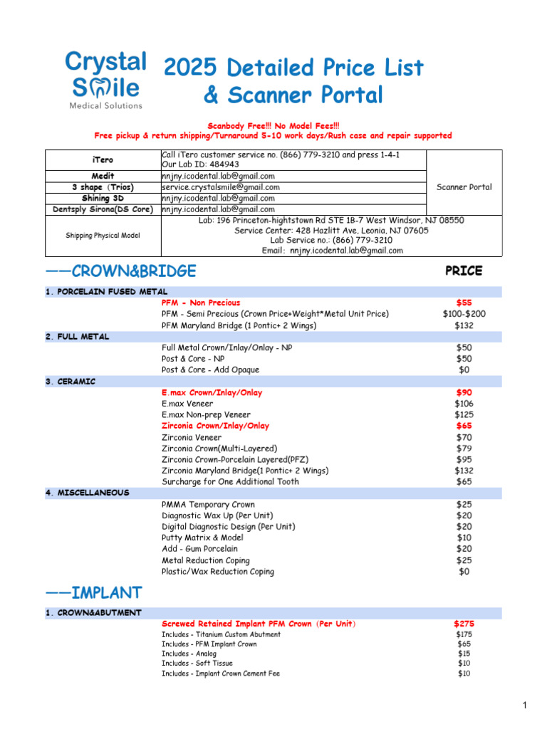 2025 Dental Lab Price List | PDF | Dental Implant | Dentures