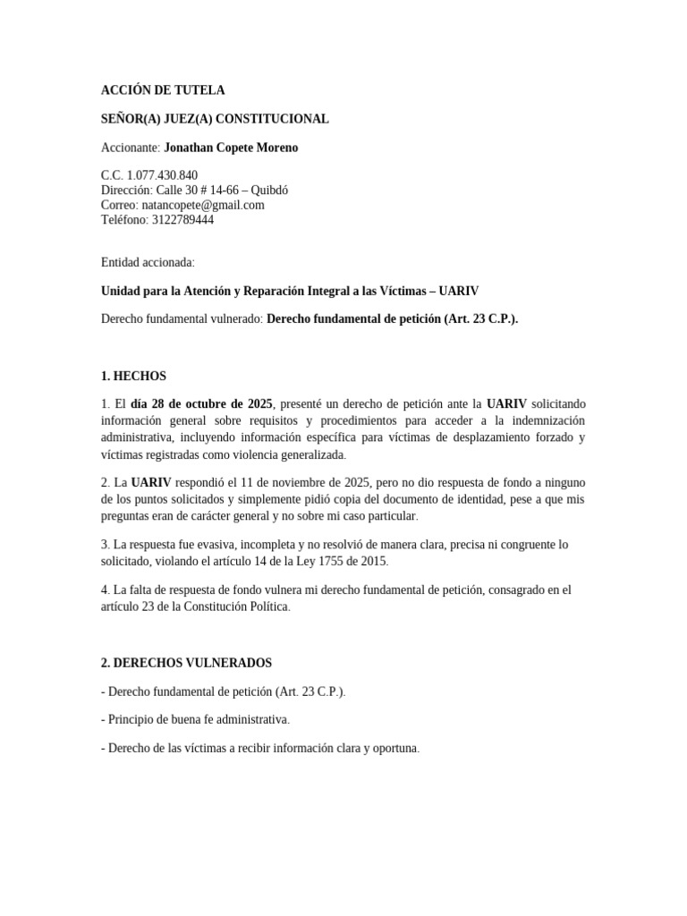 Tutela UARIV Mango | PDF