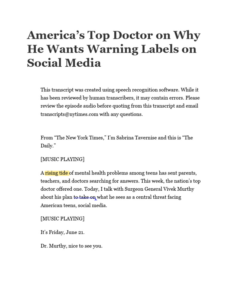 America's Top Doctor On Why He Wants Warning Labels On Social Media ...