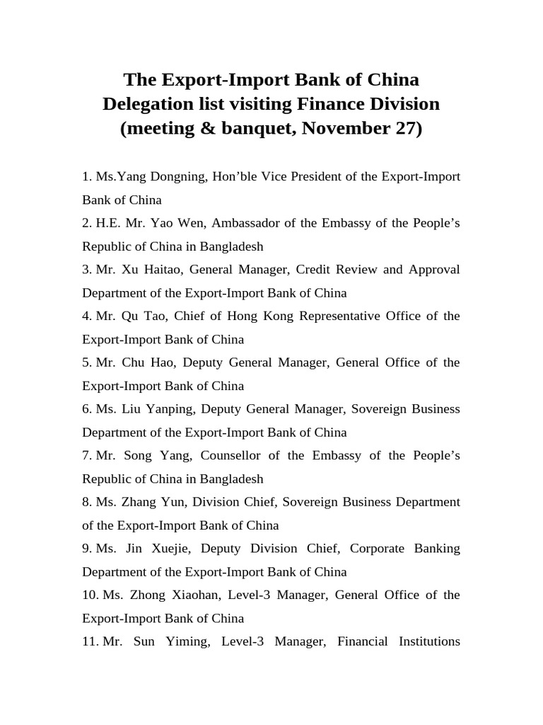 The Export-Import Bank of China Delegation List Visiting Finance ...