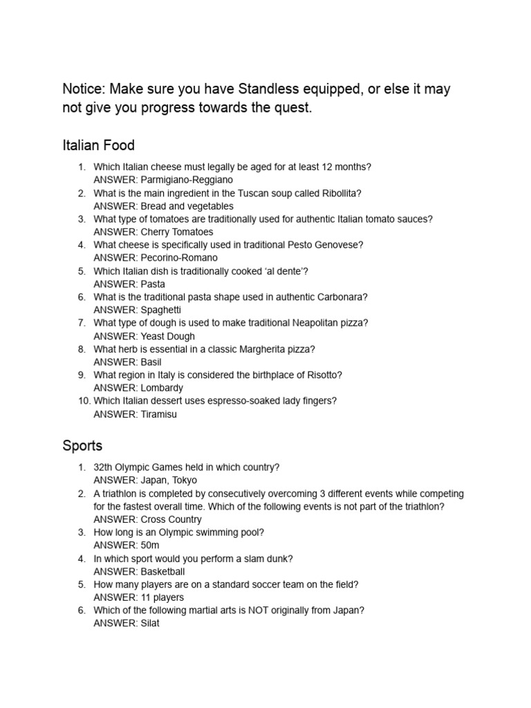 Italian Cuisine, Sports, Math & Biology Quiz | PDF | Italian Cuisine ...
