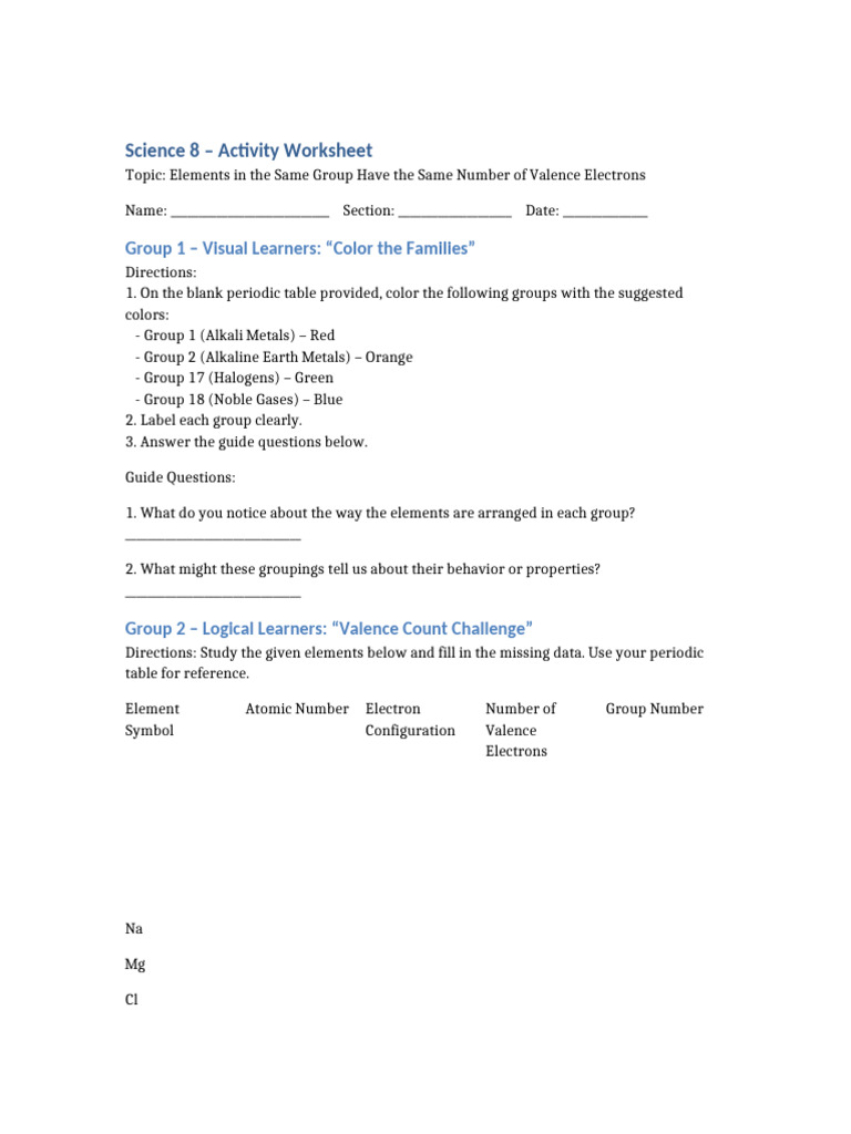 Valence Electrons and Element Groups Worksheet | PDF | Physical ...