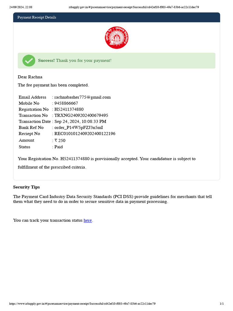 Rrbapply - Gov.in # Pscexamservice Payment Receipt Successful Cd42ef10 ...