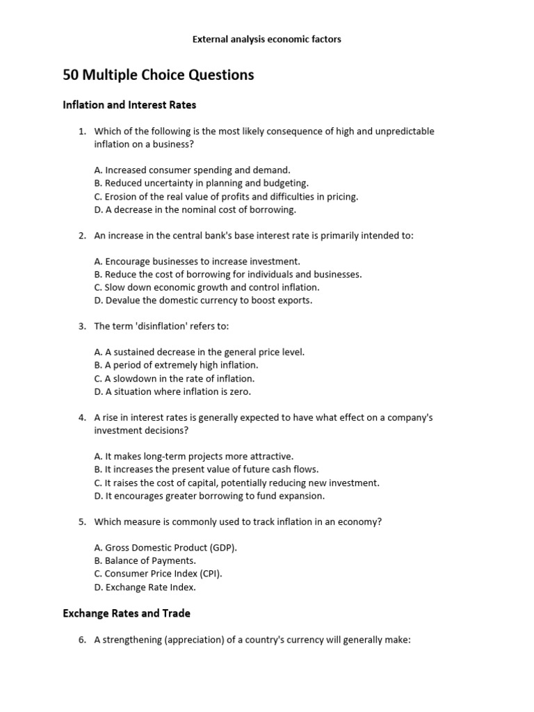 Economic Factors: 50 MCQs Analysis | PDF | Fiscal Policy | Inflation