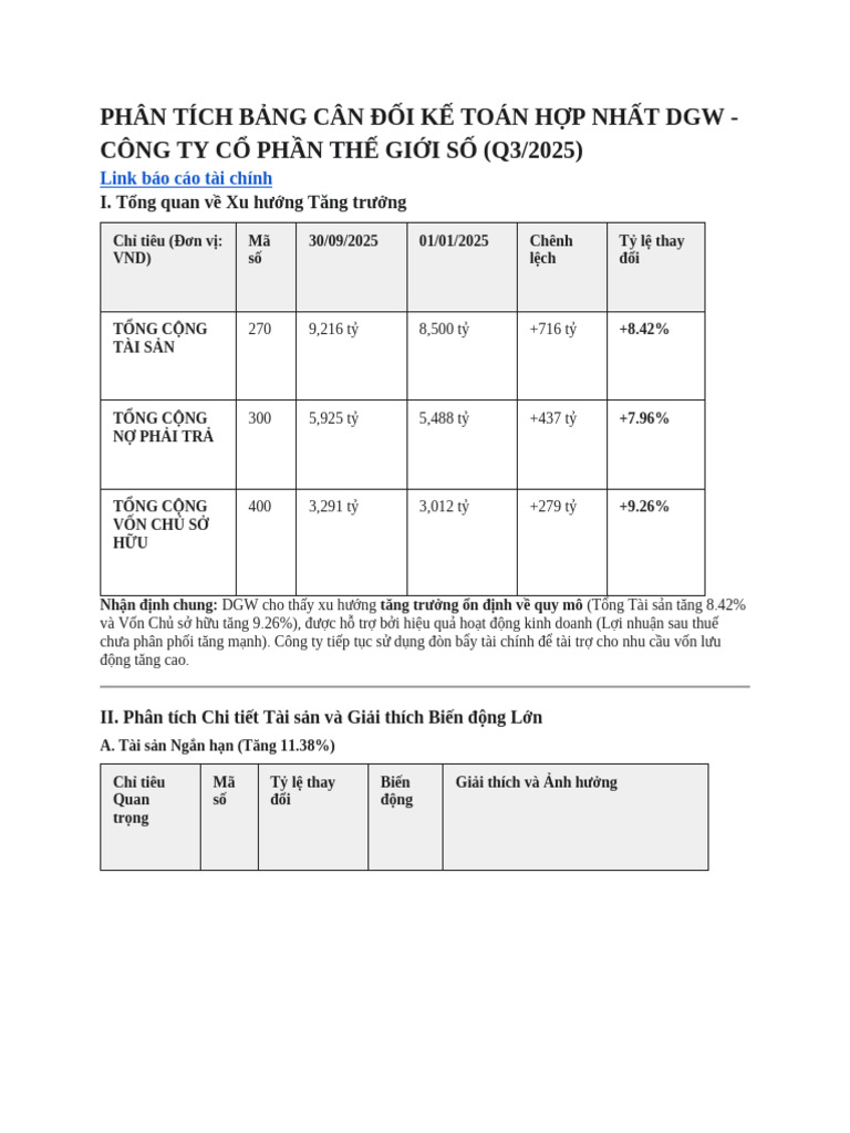 PHÂN TÍCH BẢNG CÂN ĐỐI KẾ TOÁN HỢP NHẤT DGW (Q3 - 2025) | PDF