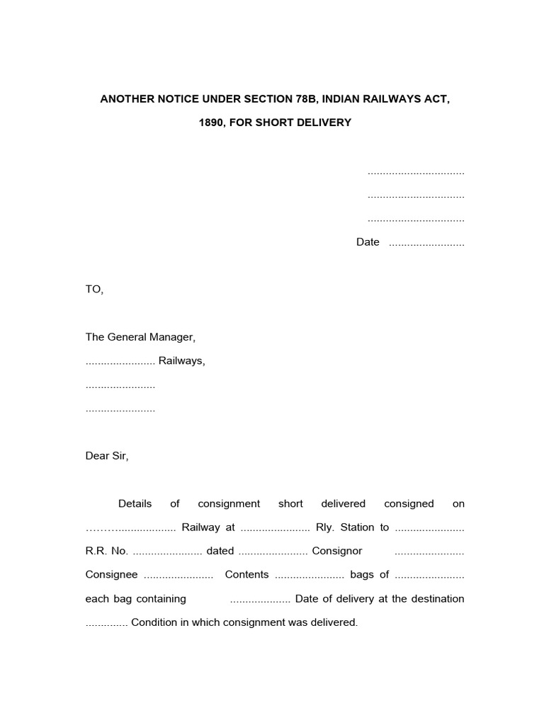 Another Notice Under Section 78B Indian Railways Act 1890 for Short ...