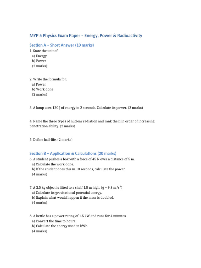 MYP 5 Physics Exam: Energy & Radioactivity | PDF | Radioactive Decay ...