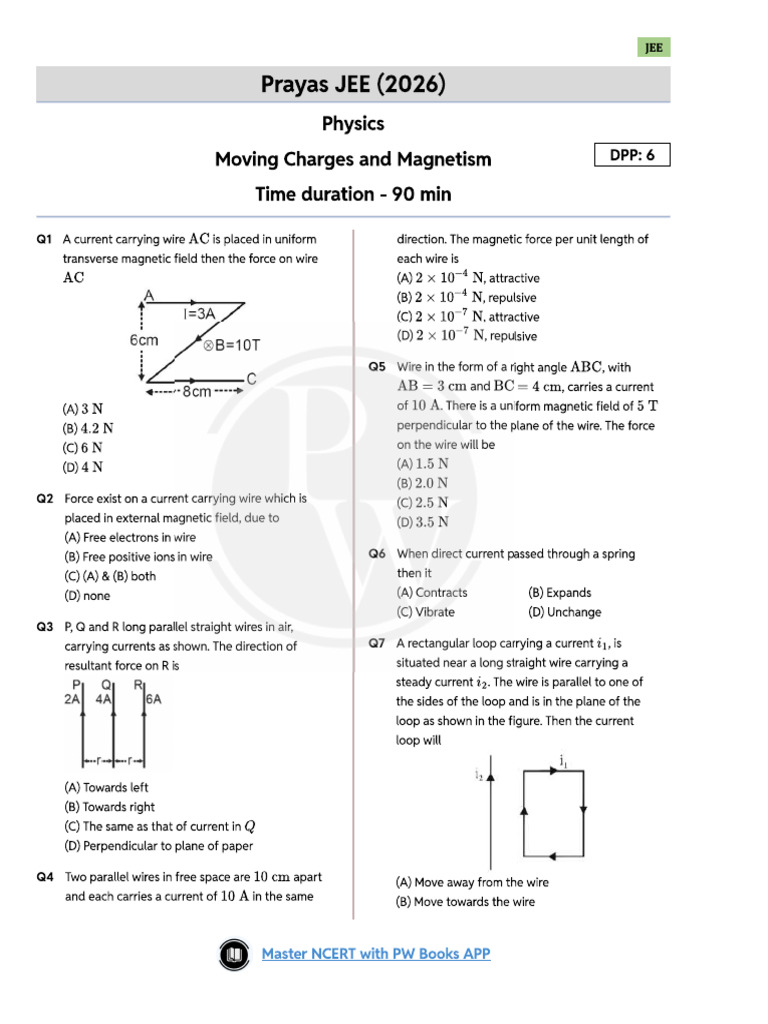 Moving Charges and Magnetism _ DPP 06 (of Lec 12) | PDF