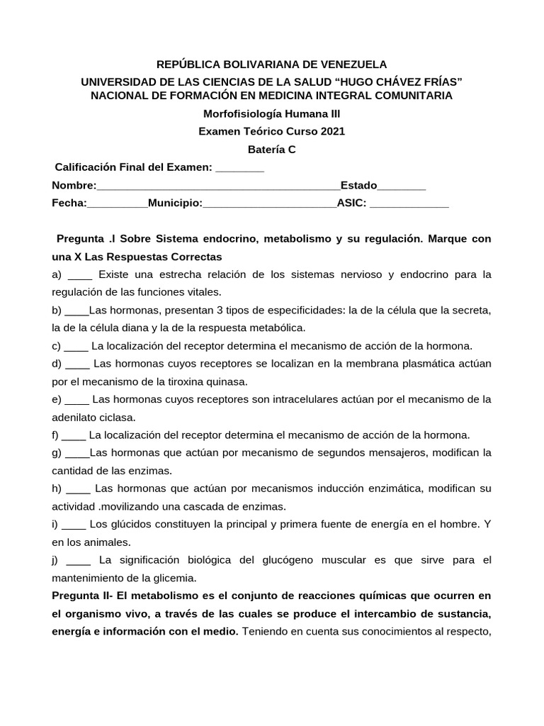 EXAMEN MFH III. | PDF | Hormona | Metabolismo