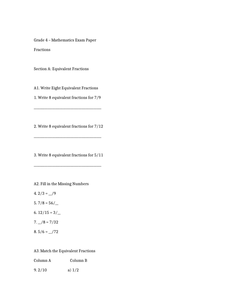 Grade 4 Math Exam: Fractions Focus | PDF