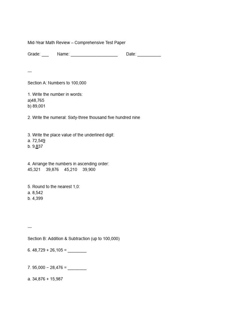 Mid-Year Math Review Test Paper | PDF