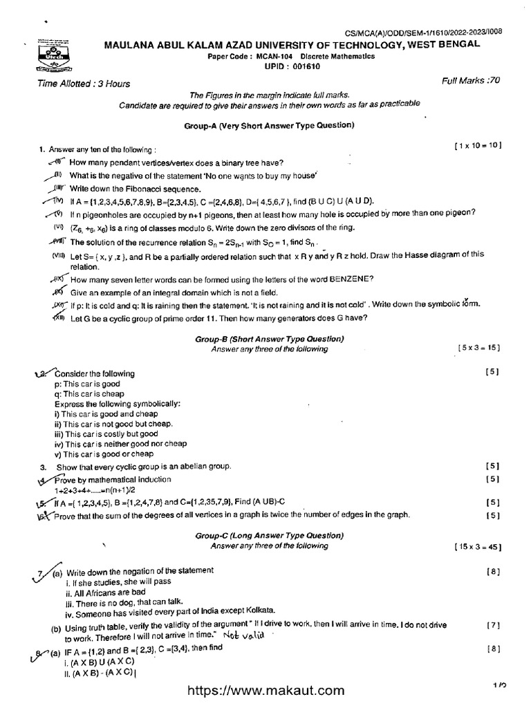 Mca 1 Sem Discrete Mathematics Mcan 104 2023 | PDF