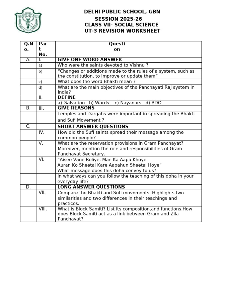 SSC UT 3 Revision Worksheet | PDF