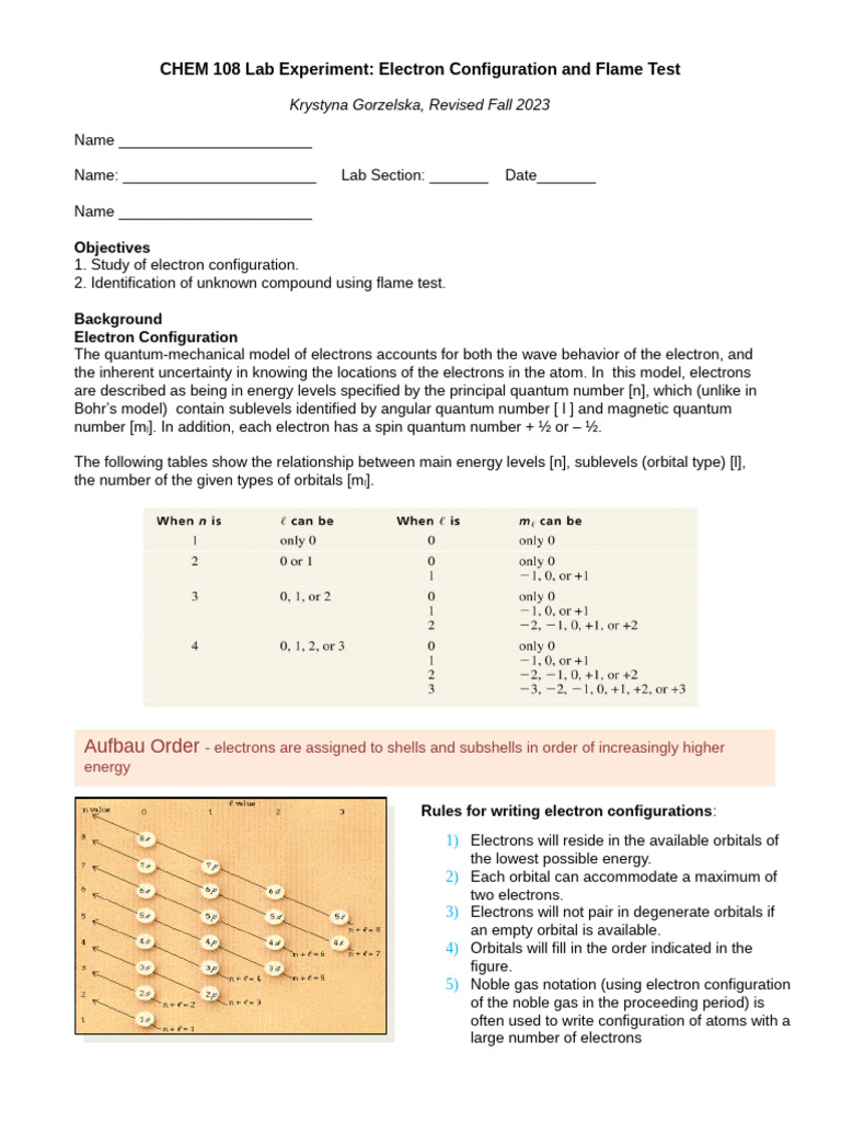 CHEM 108 Lab Flame Test and Electron Configuration F24 | PDF | Atomic ...
