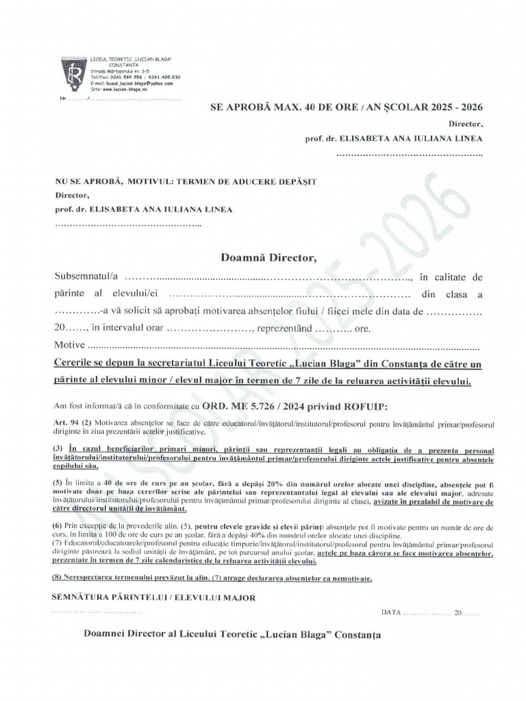 Cerere Învoire Elevi 25,26 | PDF