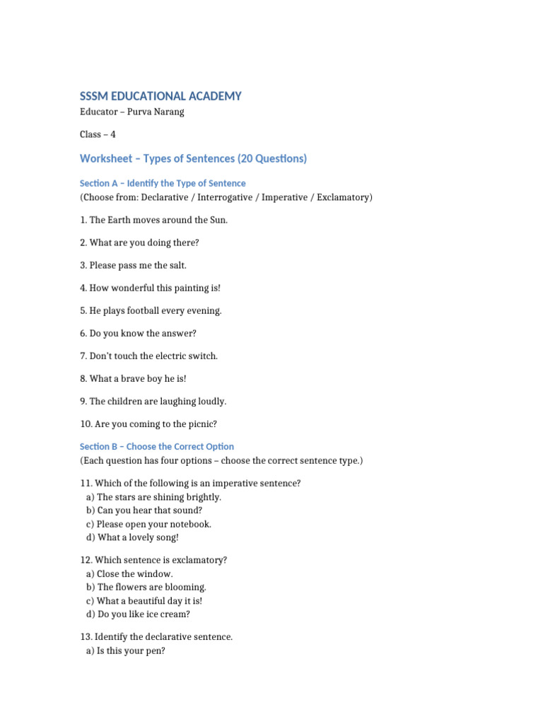 Class 4 Types of Sentences Worksheet SSSM Educational Academy | PDF