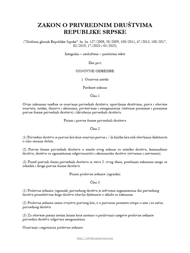 Zakon o Privrednim Drustvima RS | PDF