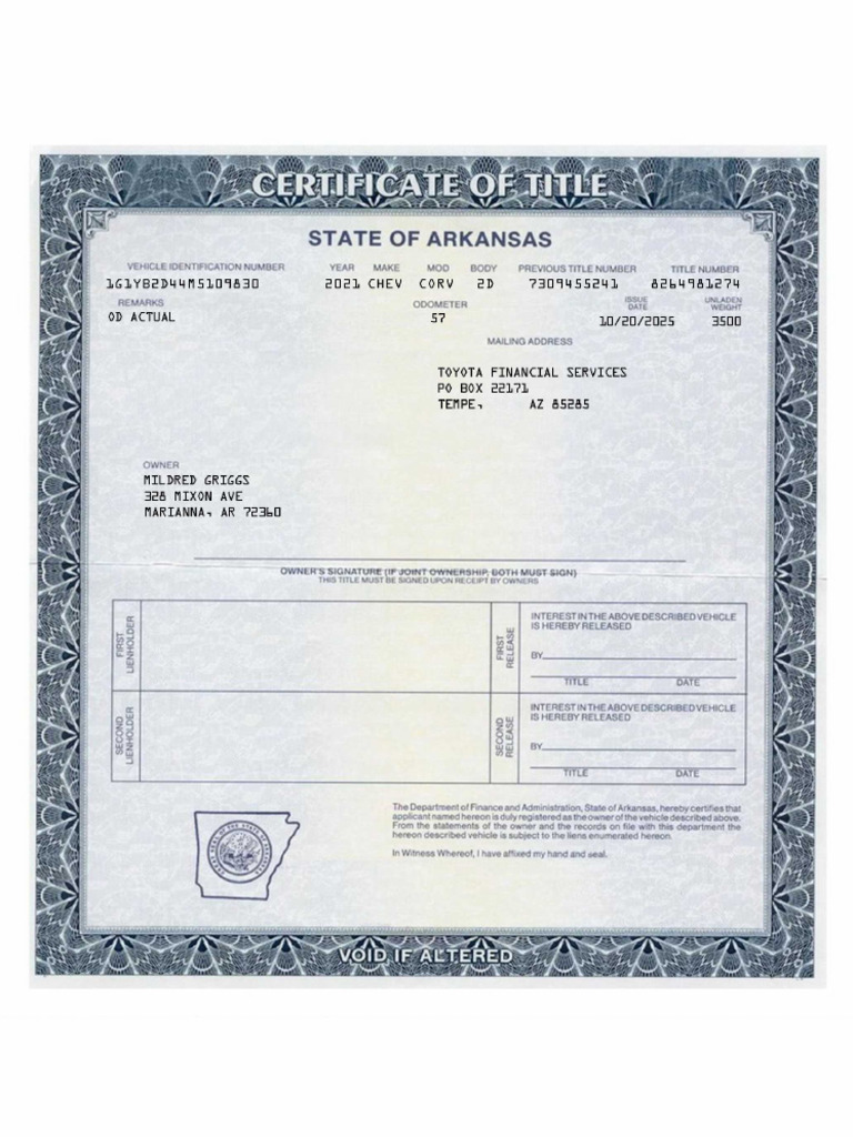 Arkansas Car Title Certificate 2 Pages | PDF
