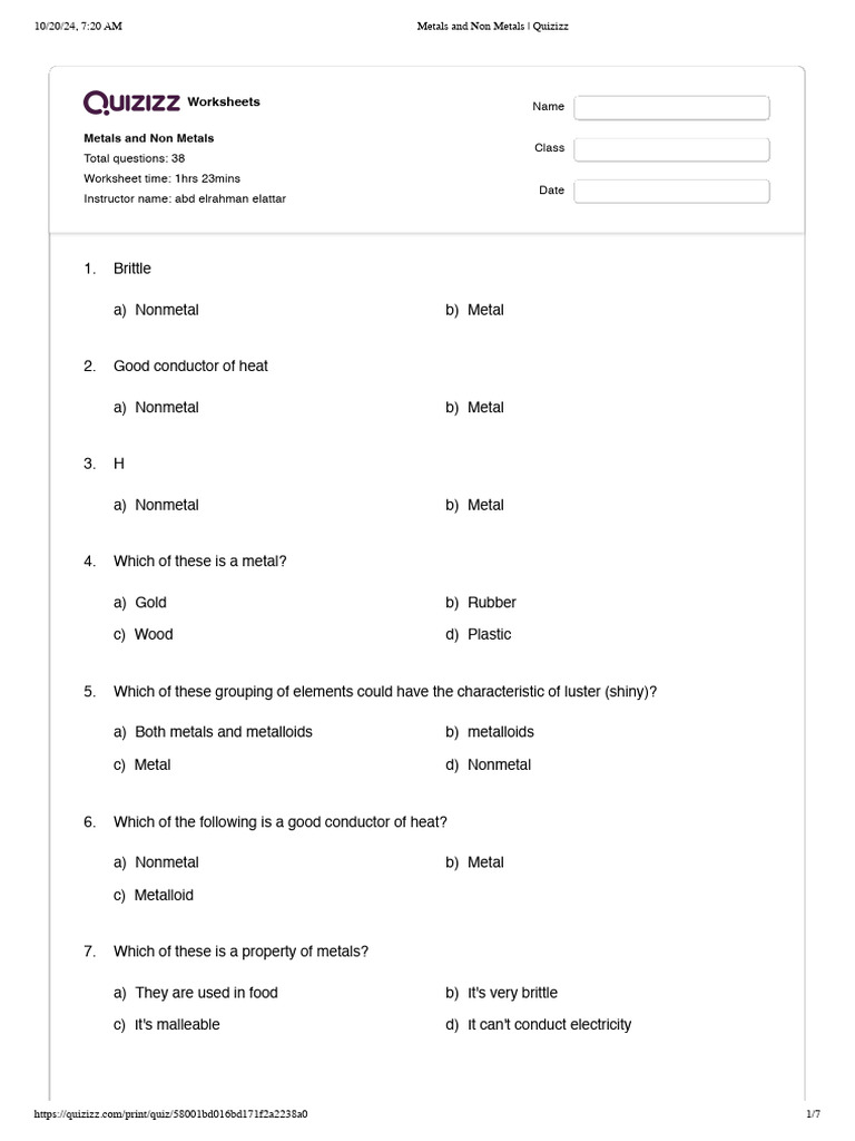 Metals and Non Metals 222 - Quizizz | PDF | Atoms | Metals