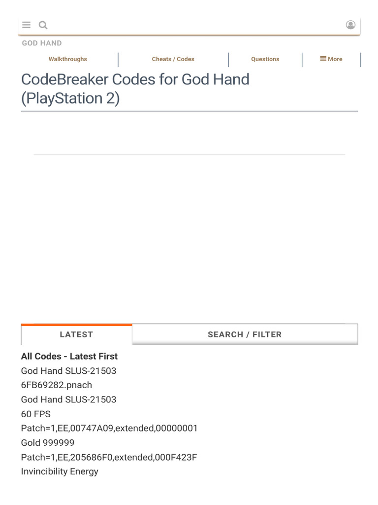 God Hand CodeBreaker Codes - PlayStation 2 | PDF