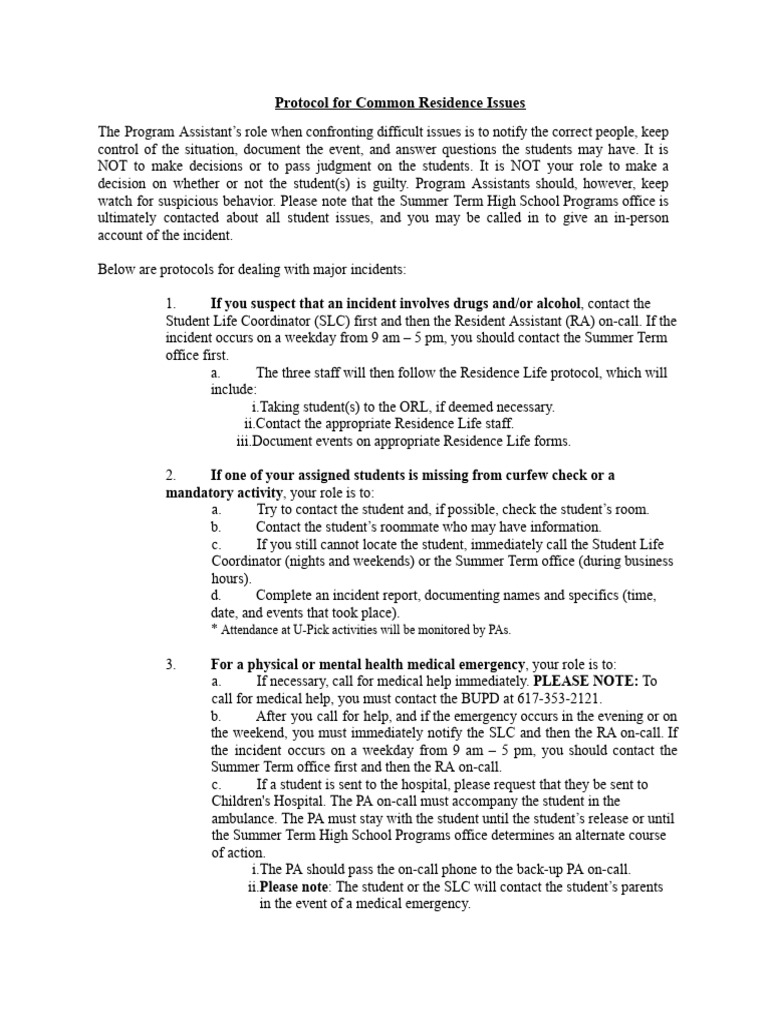 Protocols for Residence Life Issues | PDF | Emergency