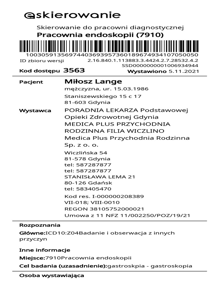 Pracownia Endoskopii (7910) : Skierowanie Do Pracowni Diagnostycznej | PDF