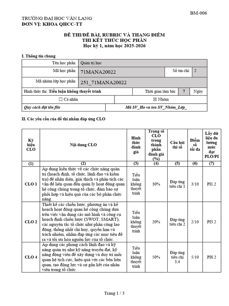 251 - 71MANA20022 - Quản Trị Học - TieuL - de 1 291025 | PDF