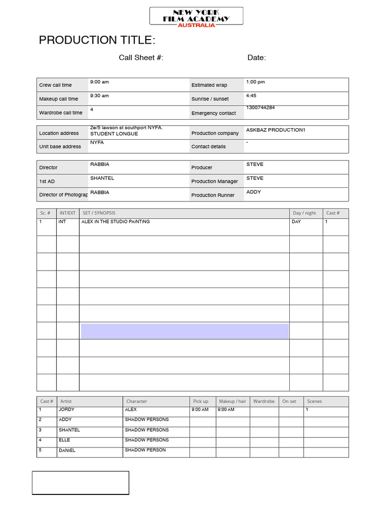 Film Production Call Sheet Template | PDF