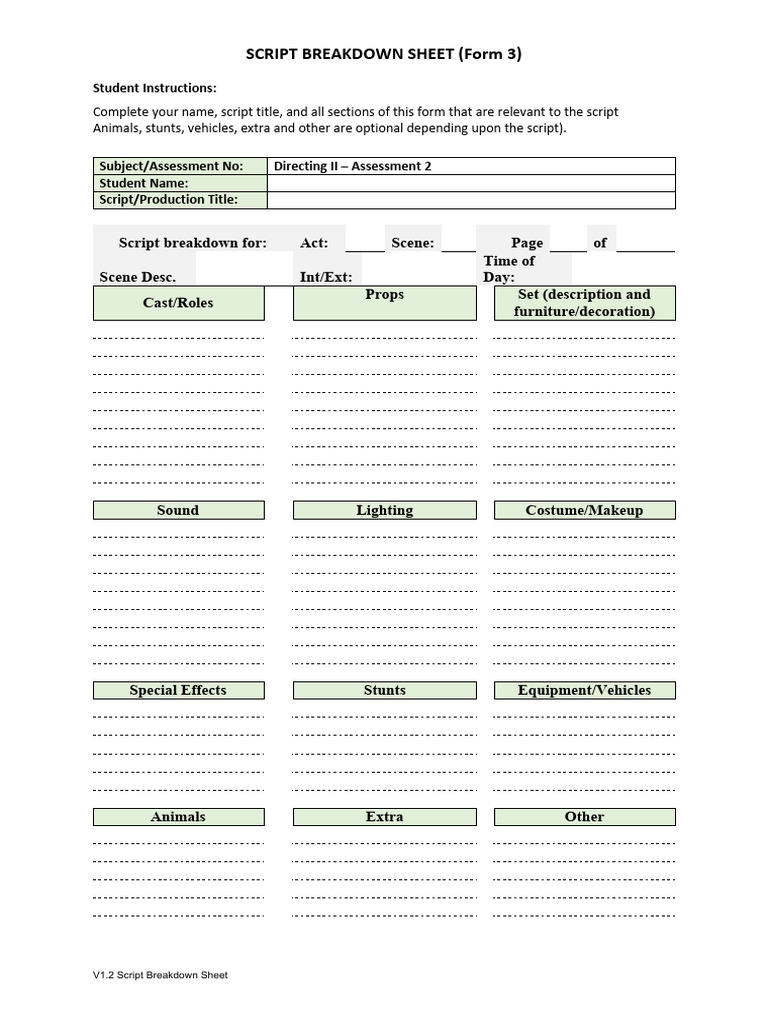 FORM 3 - Script Breakdown Sheet - V1.2 | PDF