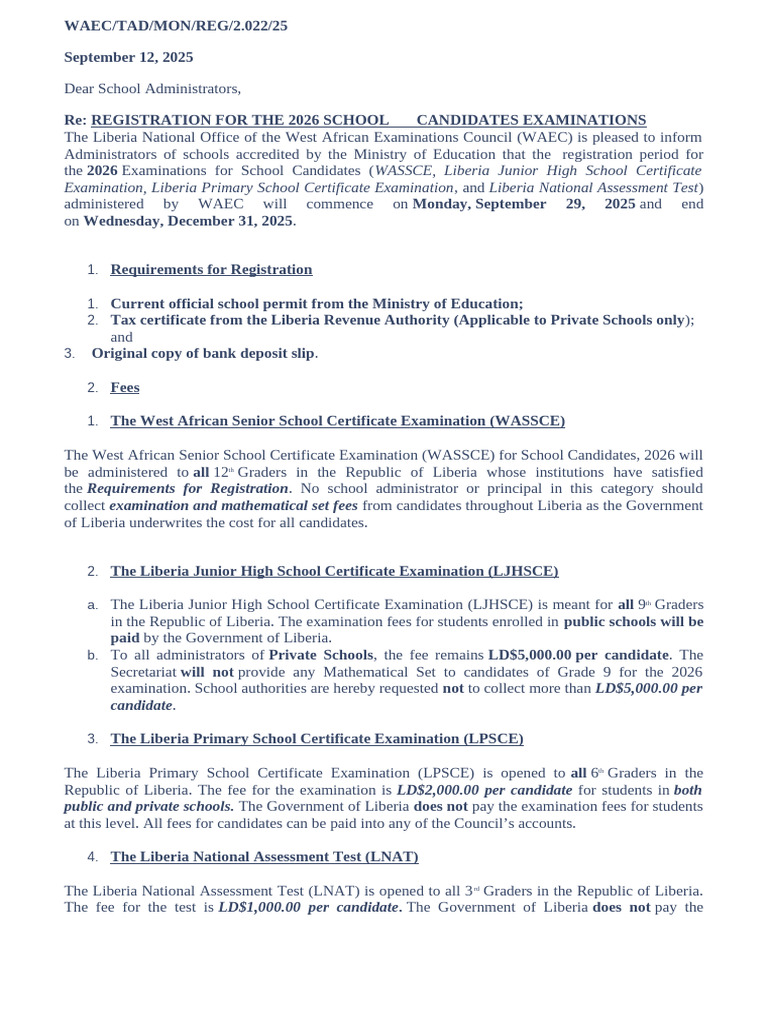 WAEC 2026 Exam Registration Guidelines | PDF | Educational Stages