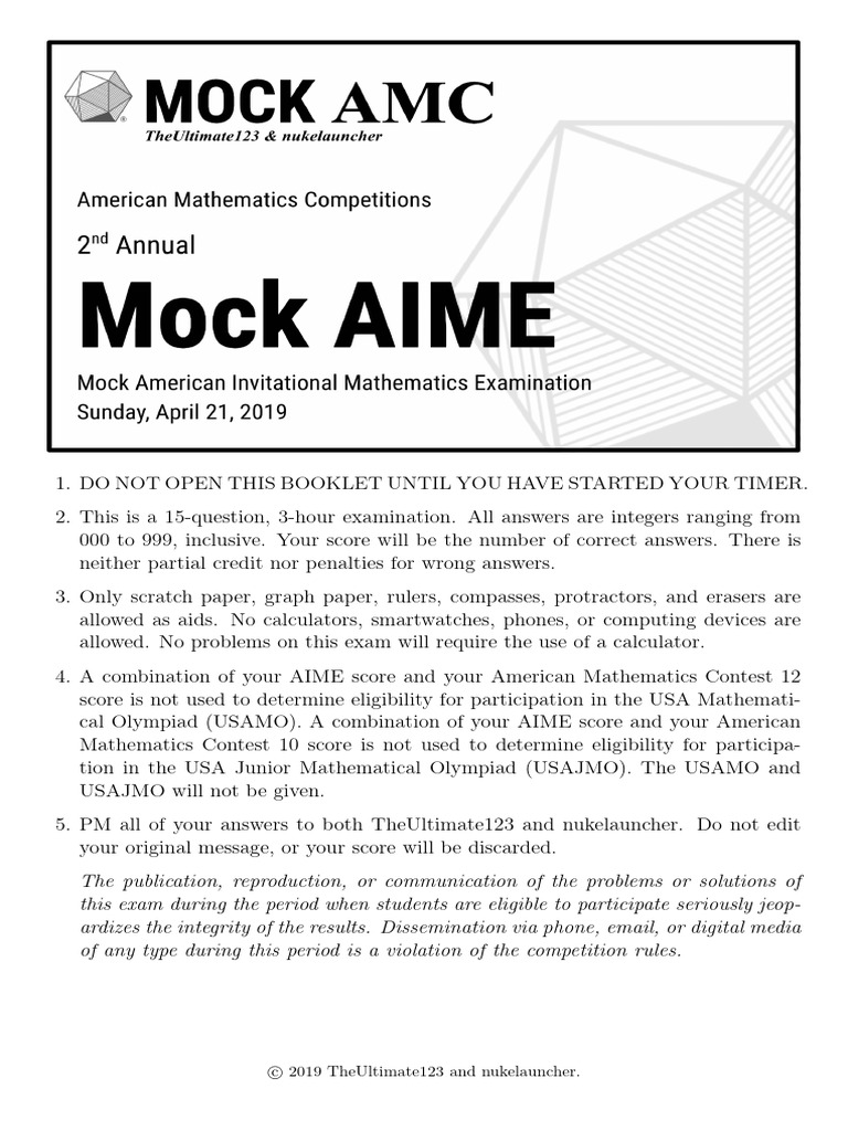2019 Mock AIME Exam Instructions and Problems | PDF | Mathematical ...