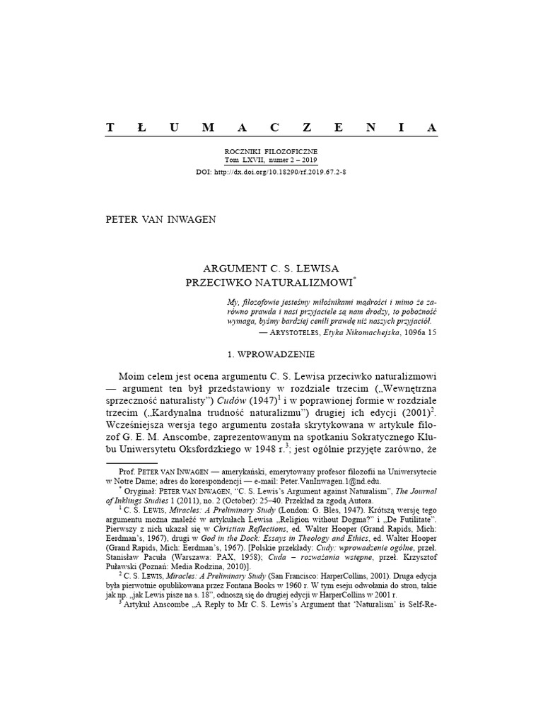 Inwagen Van P. Argument C.S.lewisa Przeciwko Naturalizmowi. Rocz ...