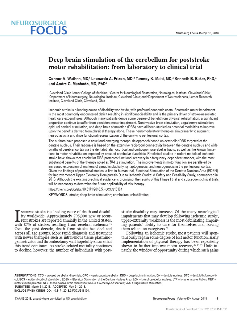 Neurosurg Focus Article PE13 | PDF | Cerebellum | Deep Brain Stimulation