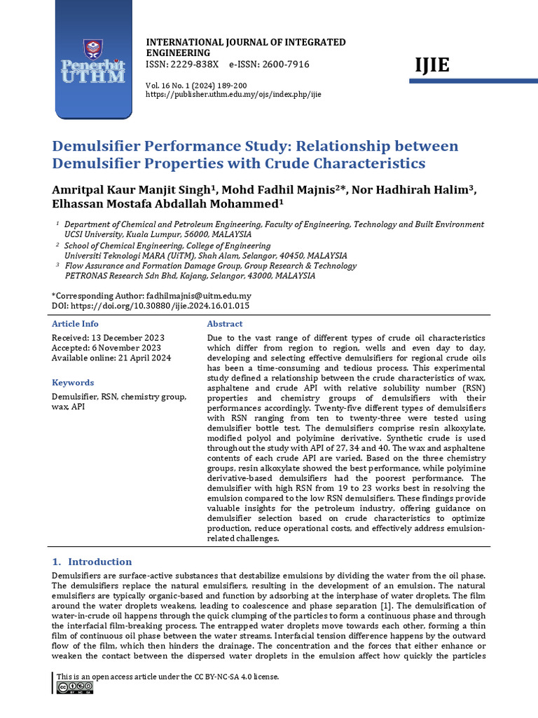 Demulsifier Performance Study: Relationship Between Demulsifier ...