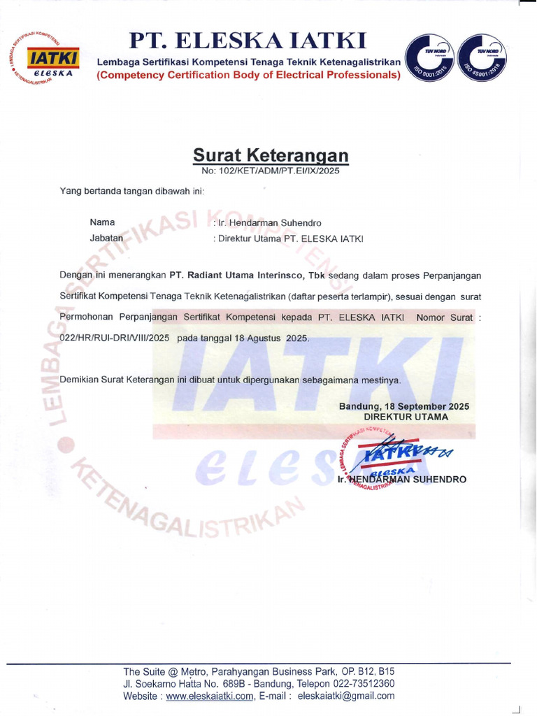 Surat Keterangan Pt. Radiant 102 | PDF