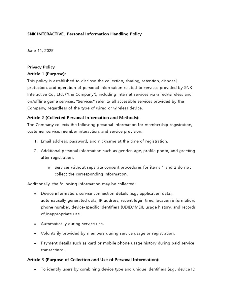 SNK INTERACTIVE Personal Information Handling Policy 250611 | PDF ...