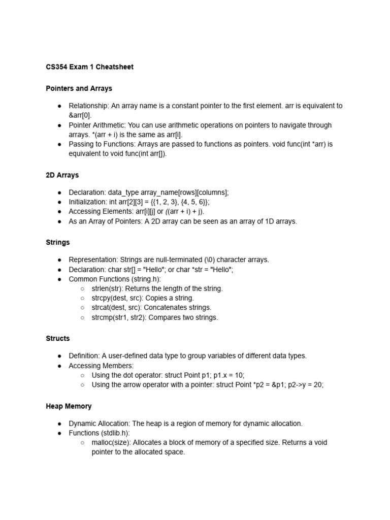 CS354 Exam 1 Cheatsheet: Pointers & Arrays | PDF