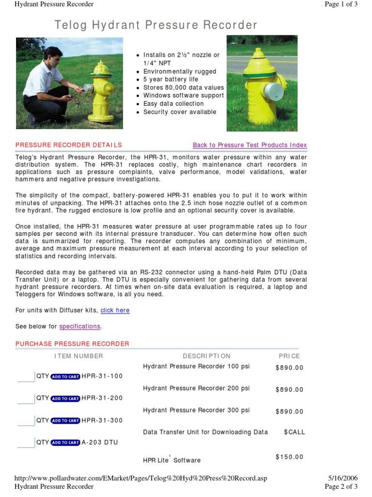 Fire Hydrant Pressure Logger - Telog | PDF | Ibm Pc Compatibles | Laptop
