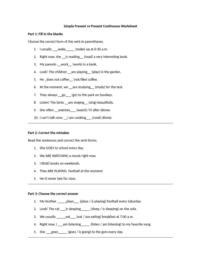 Simple Present Vs Present Continuous Worksheet Pdf