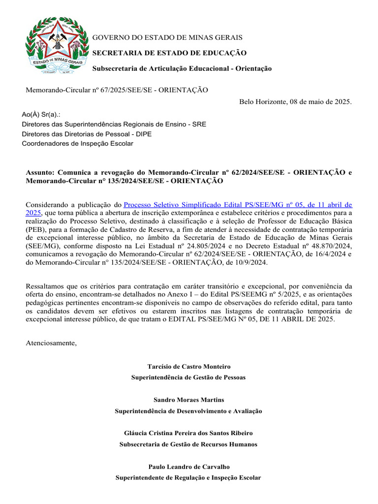 Memorando-Circular Nº 67-2025 - Revoga o Memorando 62 | PDF