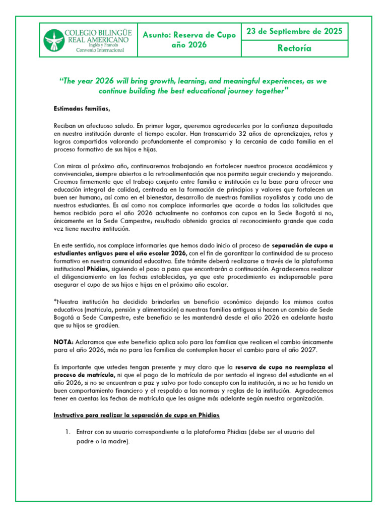 Reserva de Cupo 2026 en Colegio Real Americano | PDF
