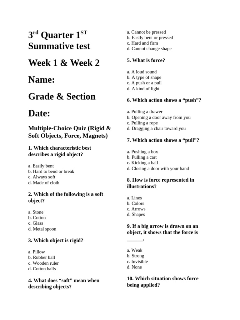 3rd Quarter Summative Test: Forces & Magnets | PDF | Magnet | Force